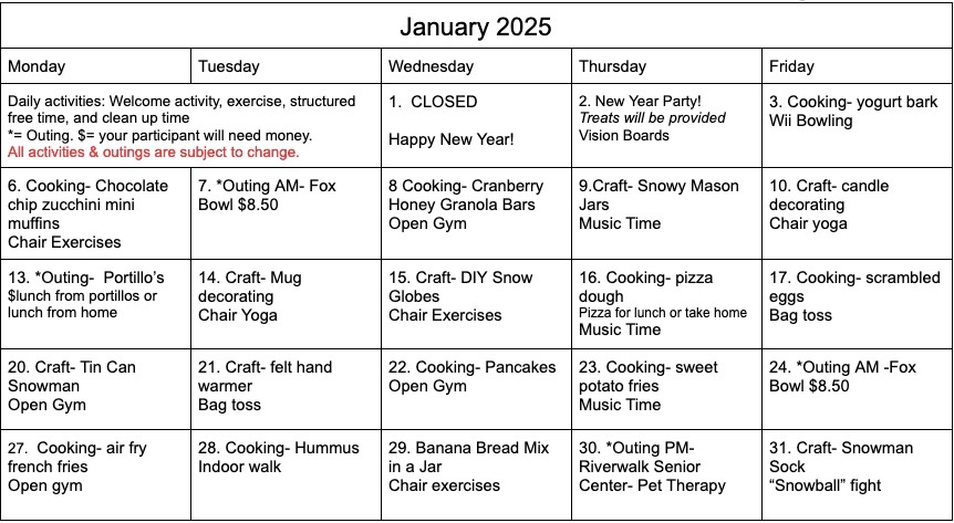 Activity Calendar - Riverwalk Adult Day Services